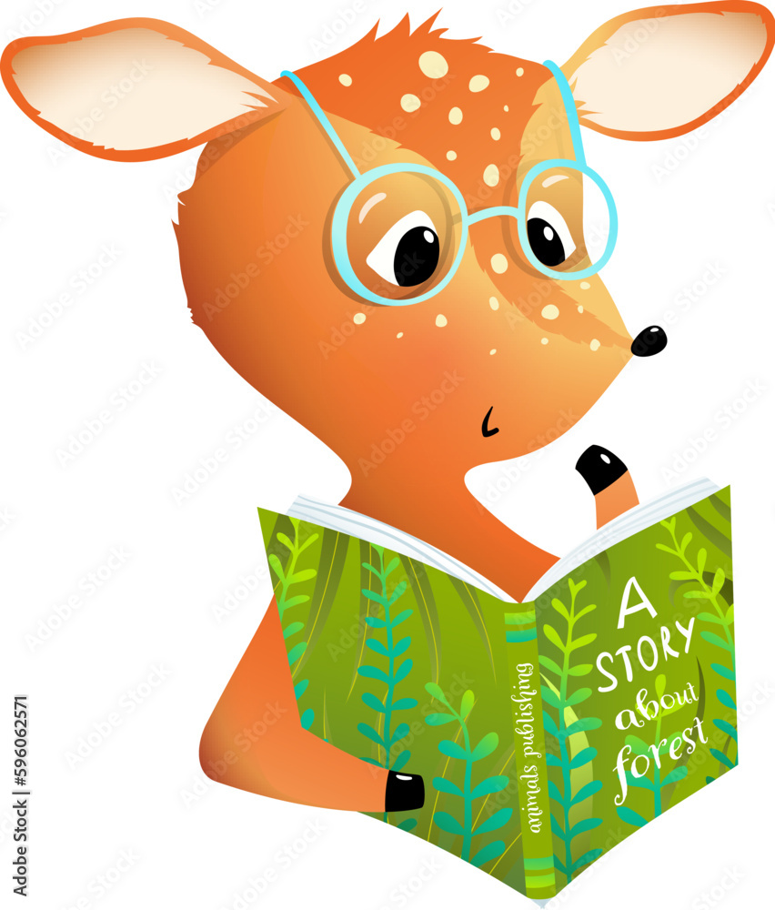 Cute baby deer reading a book or studying, wearing glasses. Learning ...