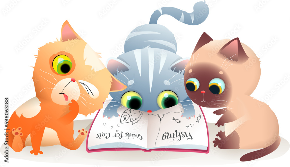 Cute cats reading a book or studying. Learning and education ...
