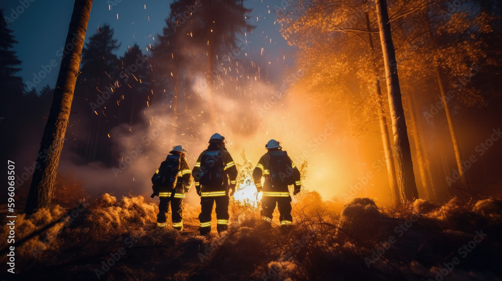 3 firefighters from the back in fire forest, smoke, fire, orange ...