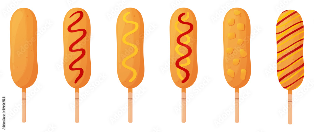 Big set of Corn dogs. Sausage in dough on a stick with and without ...