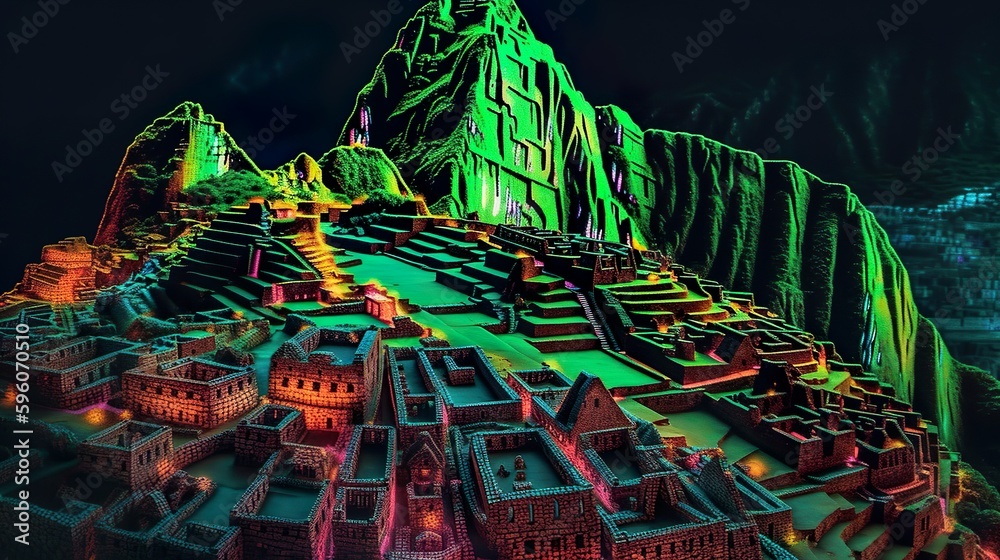 Machu Picchu de noche iluminado con tecnología de IA generativa Stock ...