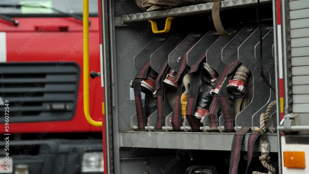 Rolled fire hoses, arranged in rows and fire extinguishing equipment ...