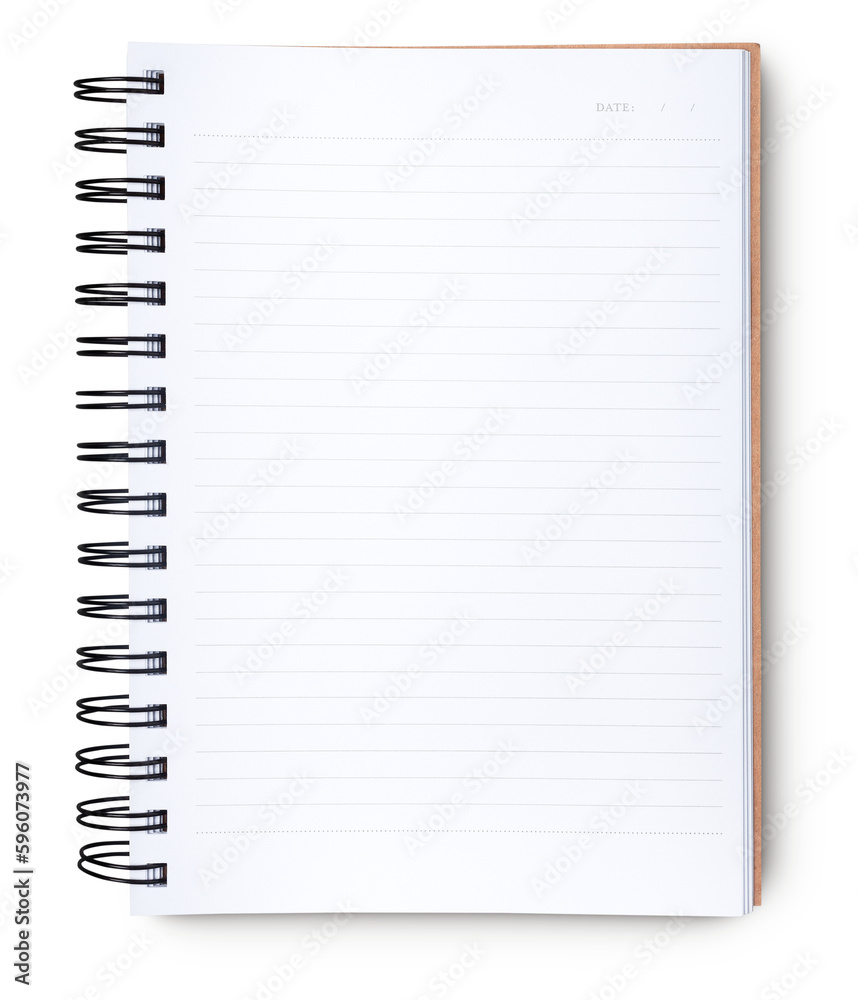 open notepad lined paper spiral bound with shadow isolated on ...