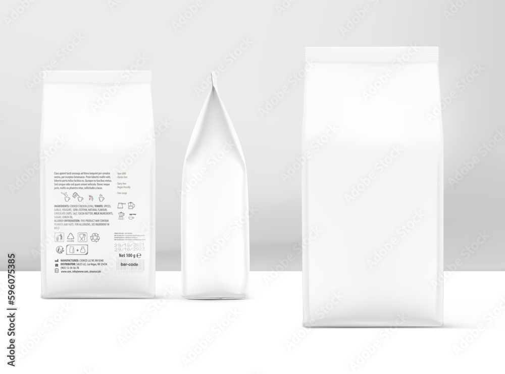 Hyper realistic packaging bag mockup. Front, side and back views ...