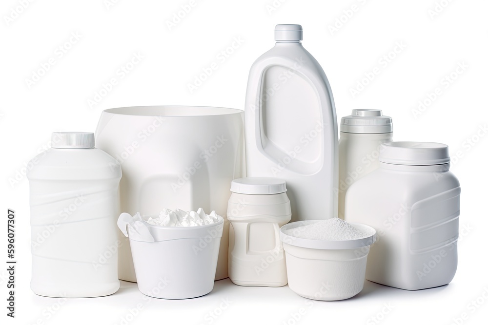 collection of white plastic bottles and containers isolated on a white ...