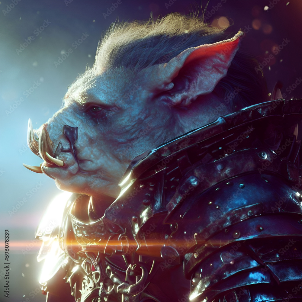 Feral Ork in armor + hyper realistic photograph, profile portrait, side ...
