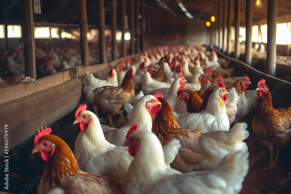 Poultry farm broiler farm with a group of adult laying hens in a modern ...