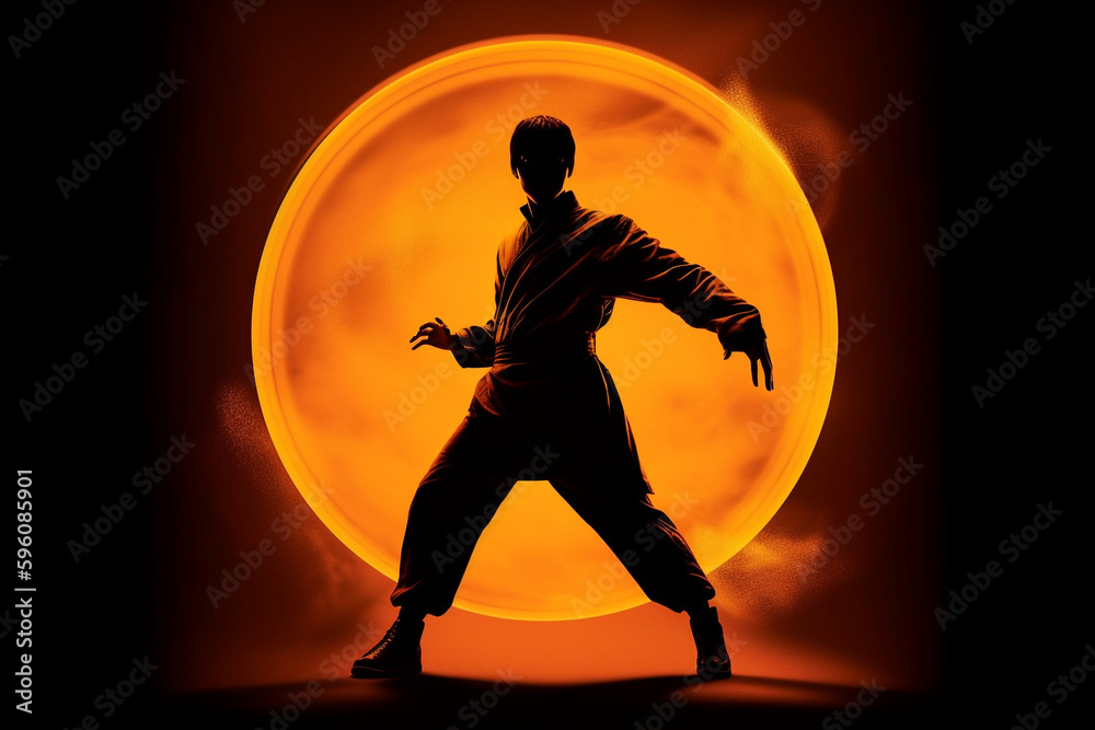 Martial artist silhouette in kimono on orange sun with flame. Kung fu ...