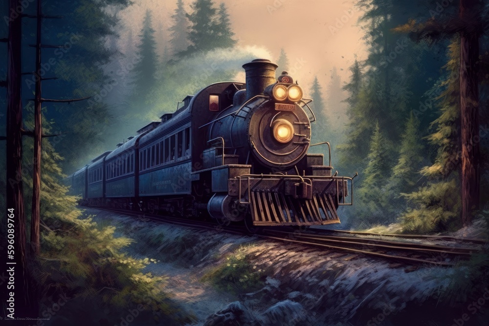 Train rides in a forest area, retro style. Vintage steam locomotive. AI ...