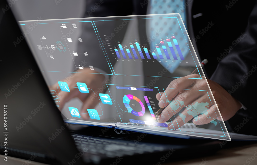 Businessman using business analytics or intelligence dashboard for data ...