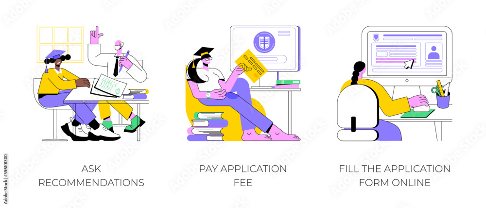 College application isolated cartoon vector illustrations set. School ...
