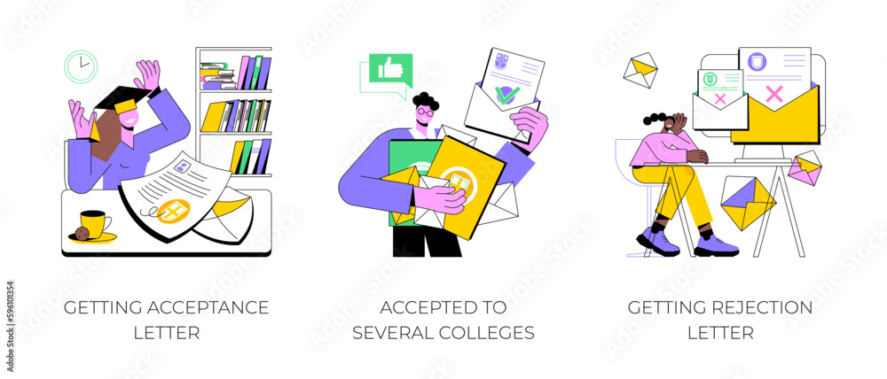 College admission isolated cartoon vector illustrations set. Happy ...