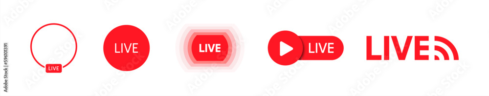 Set of live streaming icons. Red symbols and buttons of live streaming ...