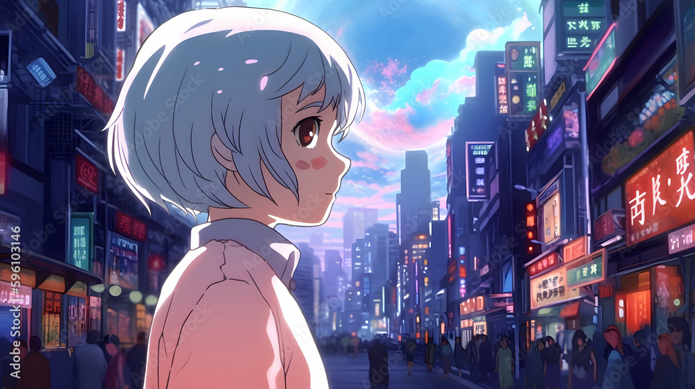 Futuristic Anime Girl in an Asian Metropolis Stock Illustration | Adobe ...