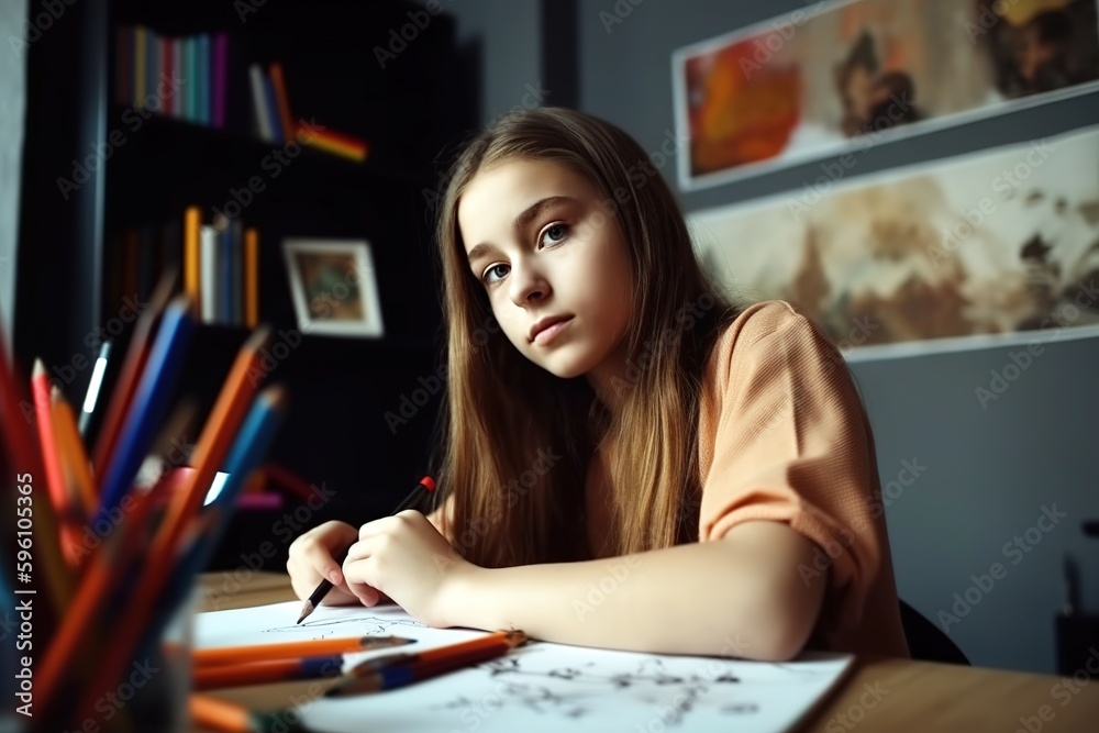 Teen girl doing some drawing at home. Leisure activity concept ...