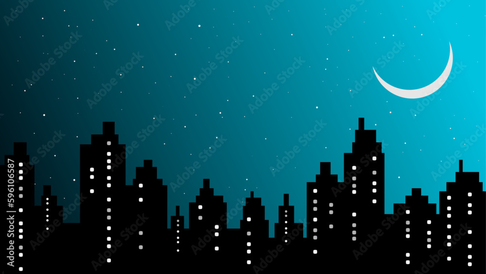 Starry night city half moon building windows gradient dim night green ...