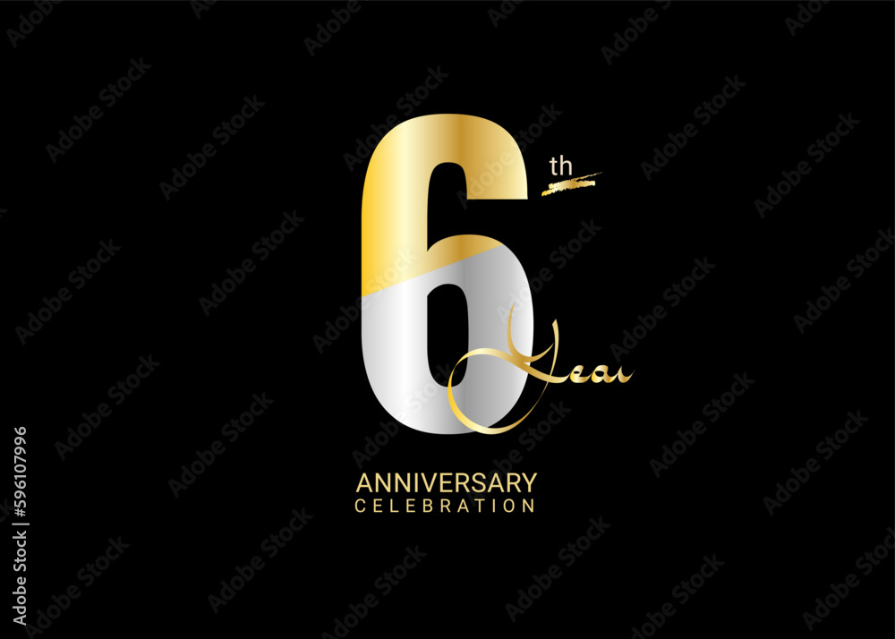 6 Years Anniversary Celebration gold and silver Vector Template, 6 ...