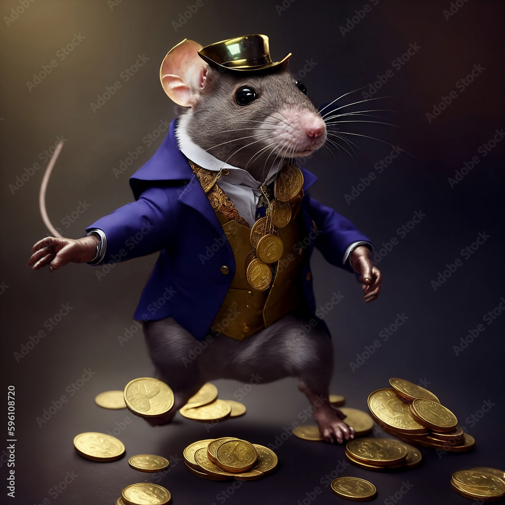 Ratón millonario mostrando sus monedas de oro en un banco. Creado ...