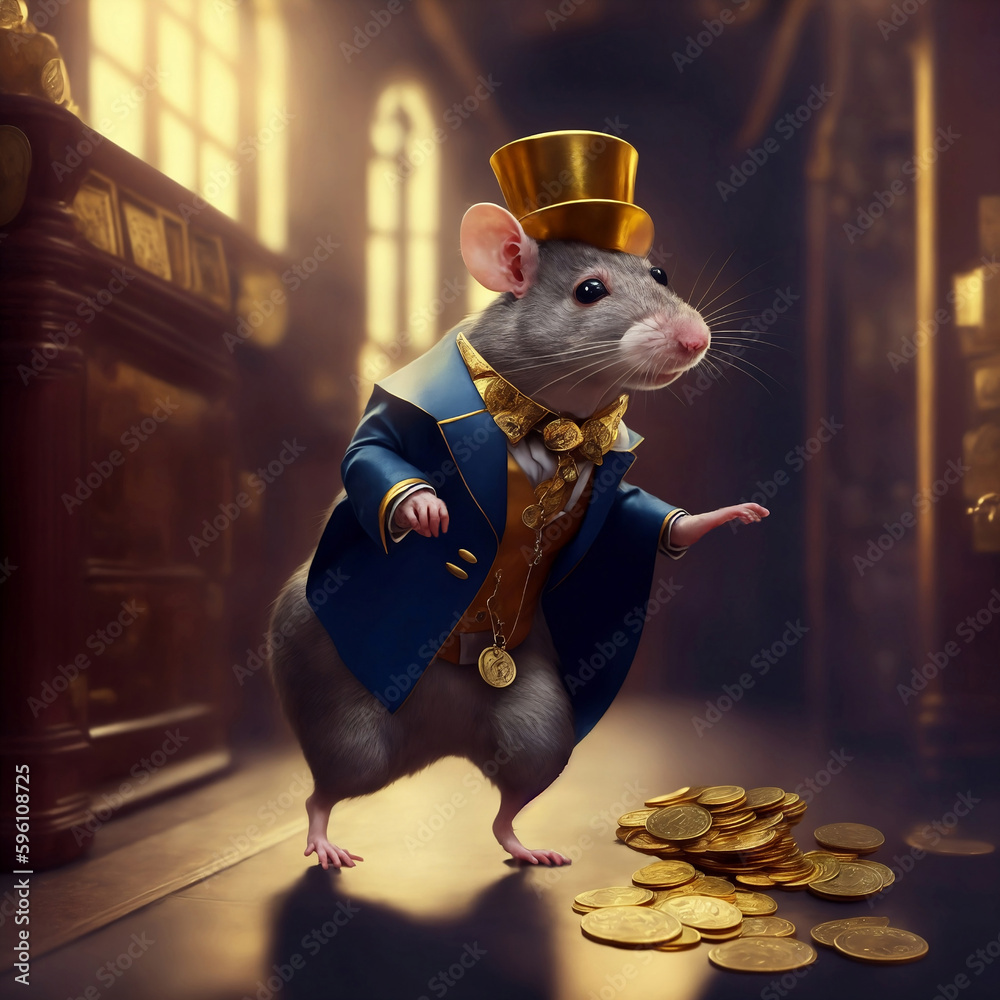 Ratón millonario mostrando sus monedas de oro en un banco. Creado ...