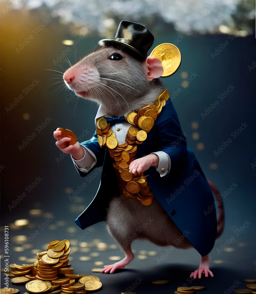 Ratón millonario mostrando sus monedas de oro en un banco. Creado ...
