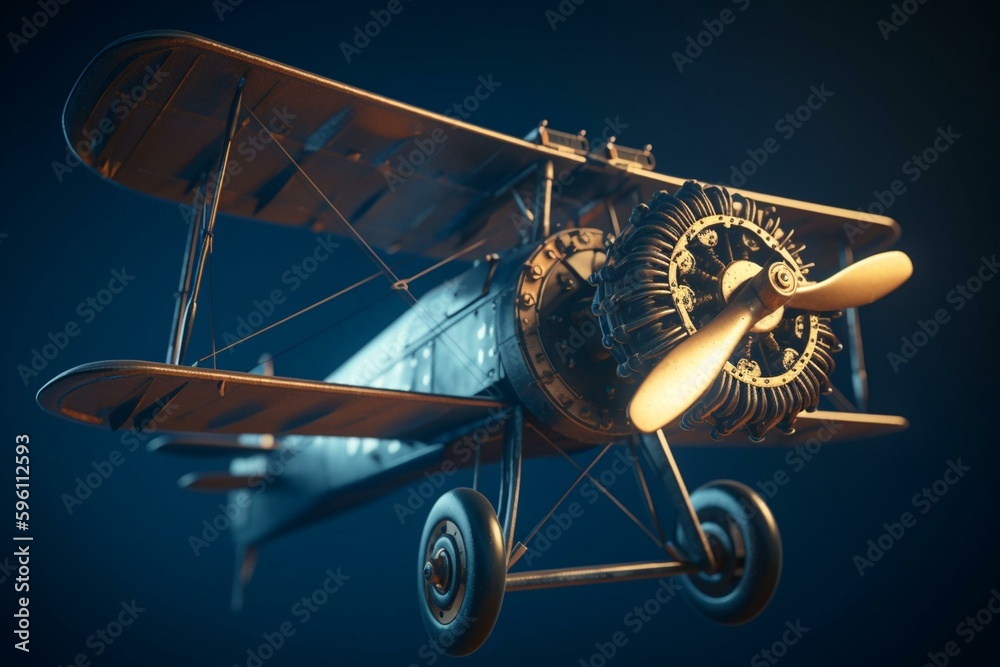 Vintage biplane model with propeller in bottom view flying on blue ...