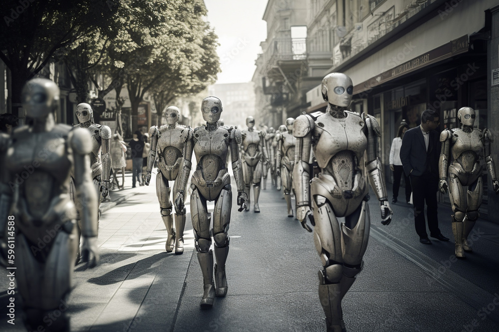 masses of robots on the street in a city, fictional place, humanoid ...