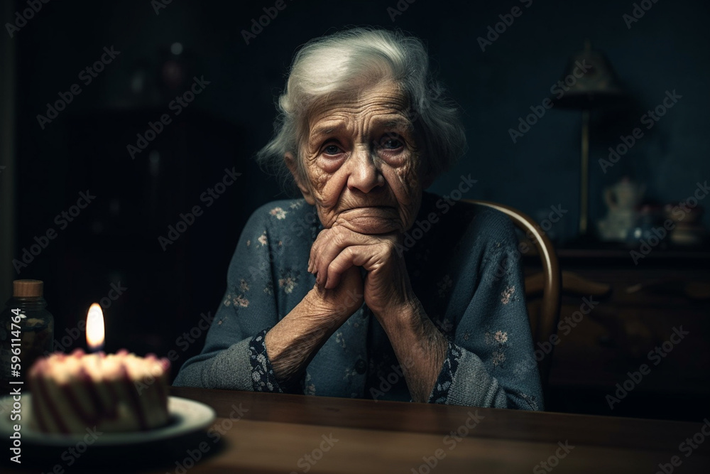 a sad or depressed or angry grandma, old woman on her birthday, on a ...