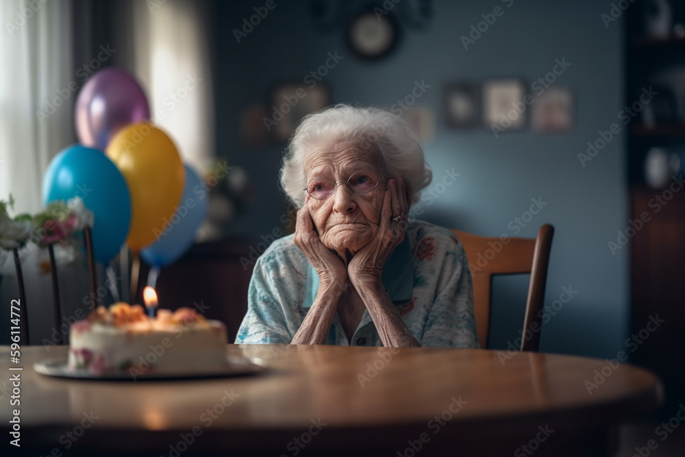 a sad or depressed or angry grandma, old woman on her birthday, on a ...