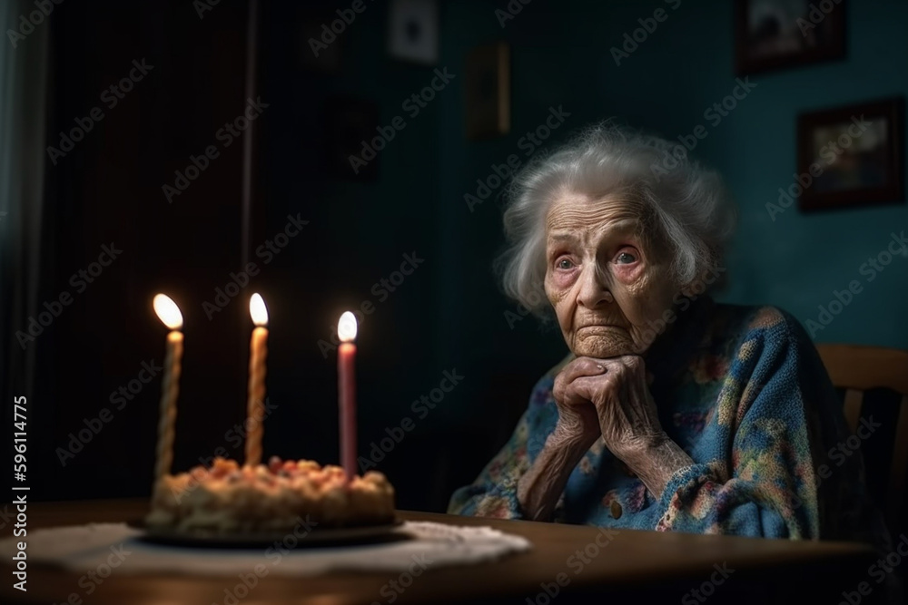 a sad or depressed or angry grandma, old woman on her birthday, on a ...