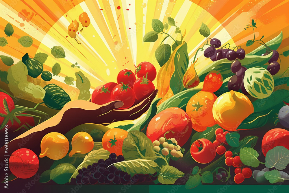 An animated platter of fresh, vibrant fruits and vegetables glistening ...