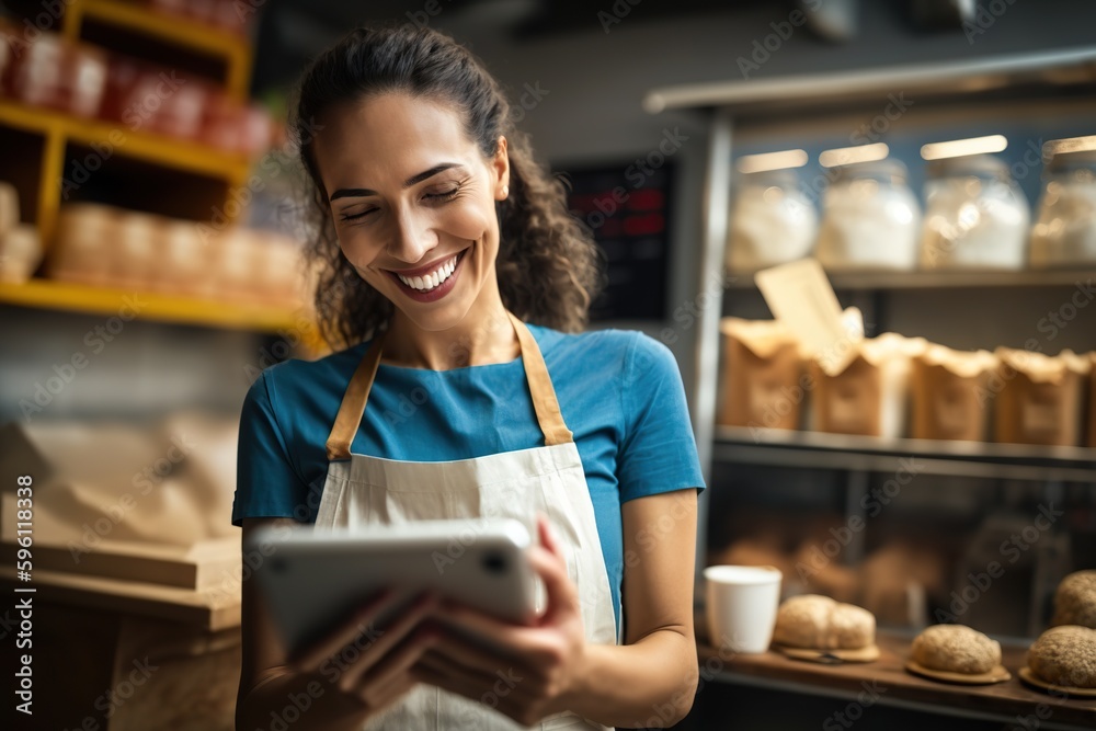 Smiling businesswoman using a tablet in her retail store, supermarket ...