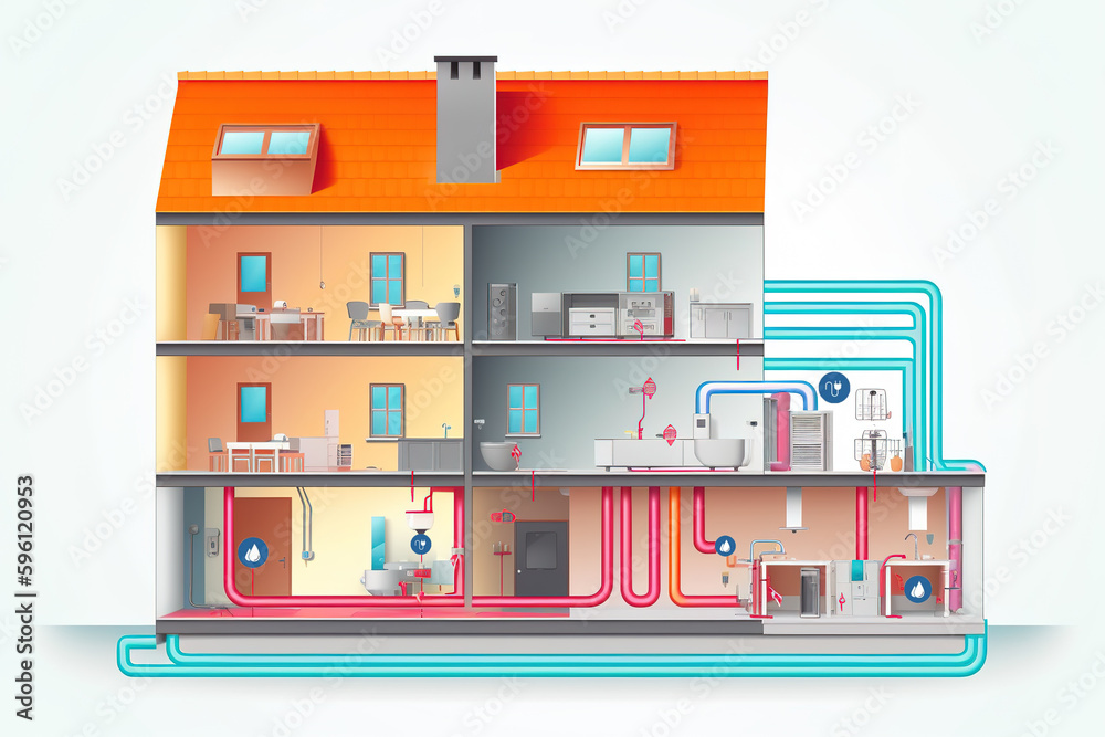 Cross-section of a house with a heat pump, pipes from the ground floor ...