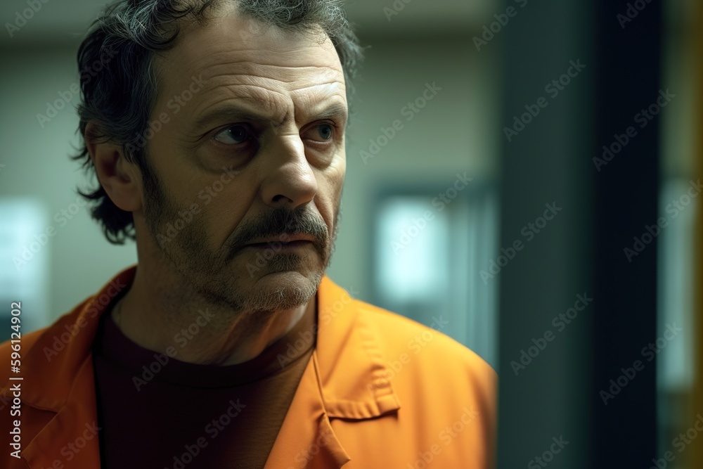 Mature man in orange prison suit. Head shot portrait with jail as ...