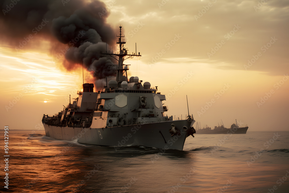 War concept. Night battle scene at sea. warship on fire. Neural network ...