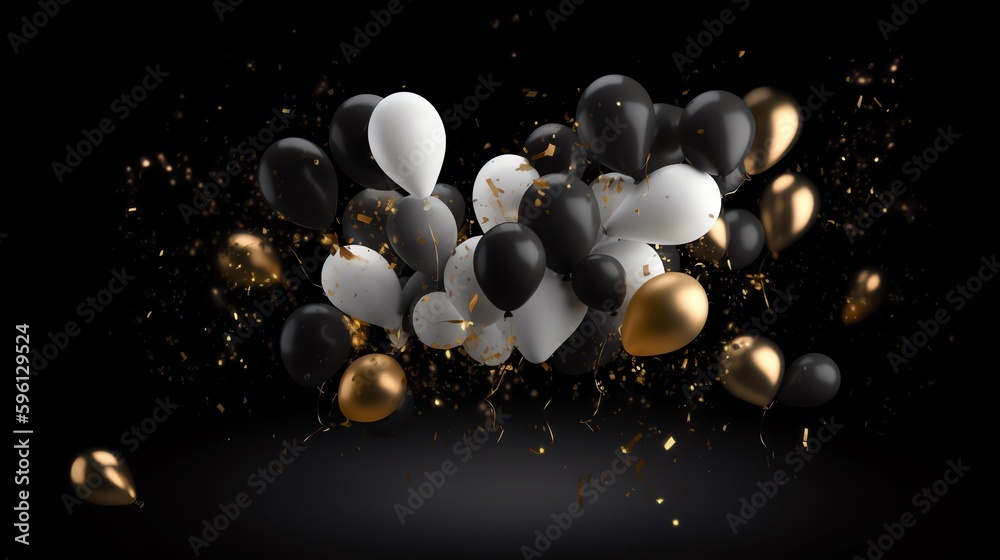 Fotografia black white and gold balloons with glitter confetti party new years eye clas Kevin Kup na Posters.pl
