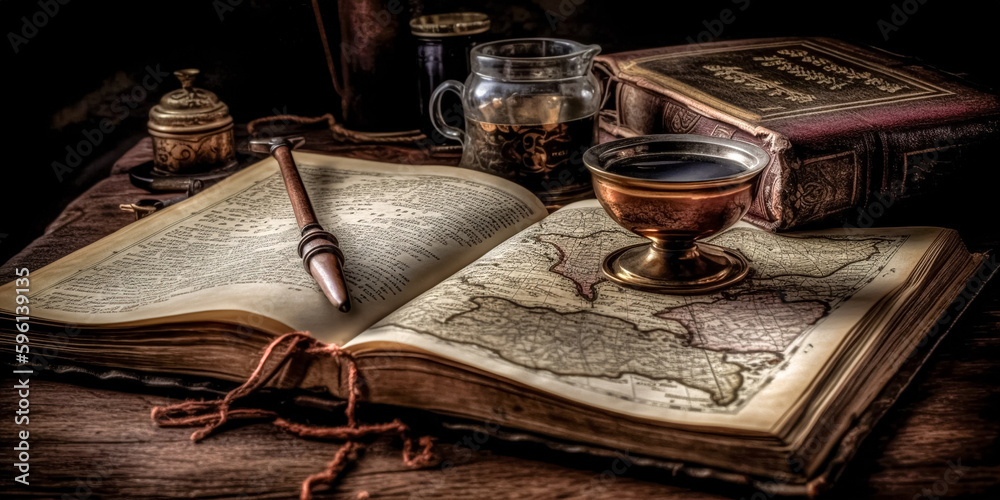 Fantasy background with magic book and ancient treasure map. Medieval ...
