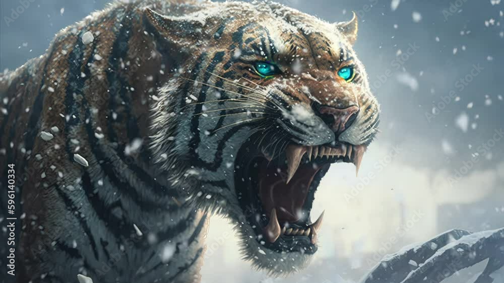 Saber Tooth Tiger Snarling in a Snowstorm. Looping. Menacing Saber ...