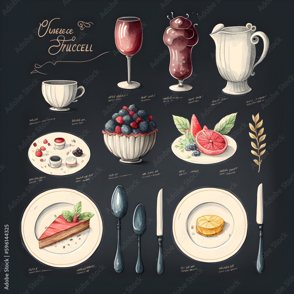 Draw a set of cartoonstyle watercolor illustrations of tableware in an ...