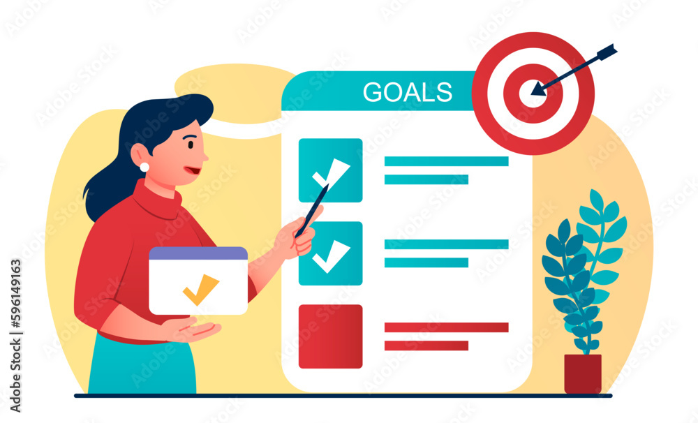 Personal goals concept. Woman standing near to do list. Girl notes ...