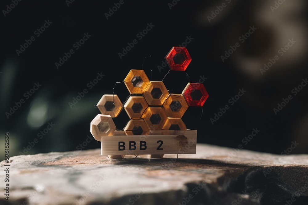 Vitamin B12 molecular model with hexagons and blurry marble background ...