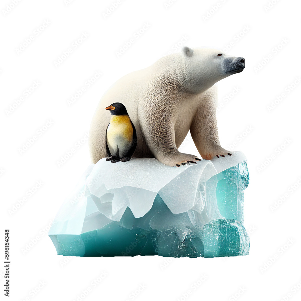 Polar bear and penguin on ice floe. Melting iceberg and global warming ...