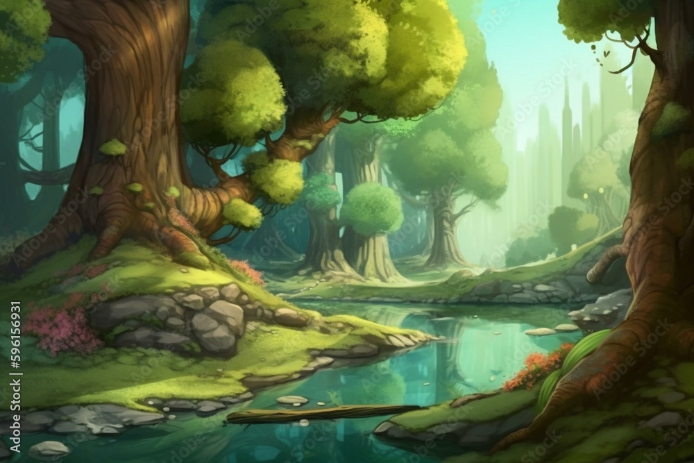 Watercolor artwork of a magical forest by a river. Cartoon character ...