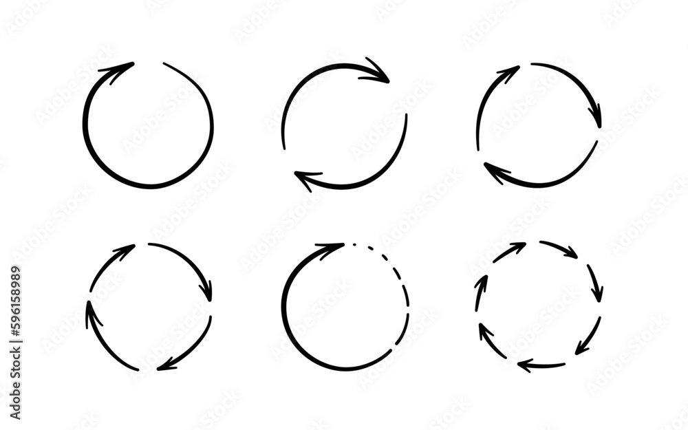 Round doodle arrows. Hand drawn circle arrow icons set. Recycle sketch ...