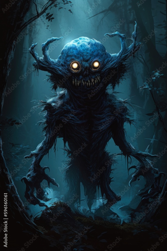 cursed forest blue glowing figure hovers creepy monster eyes head art ...