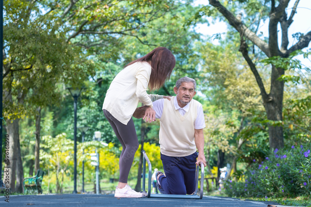 Asian senior man is accidentally fall over in the park due to the ...