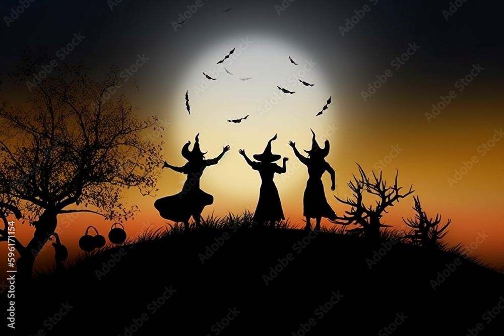 Witches dance at night in the light of the full moon Stock Illustration ...