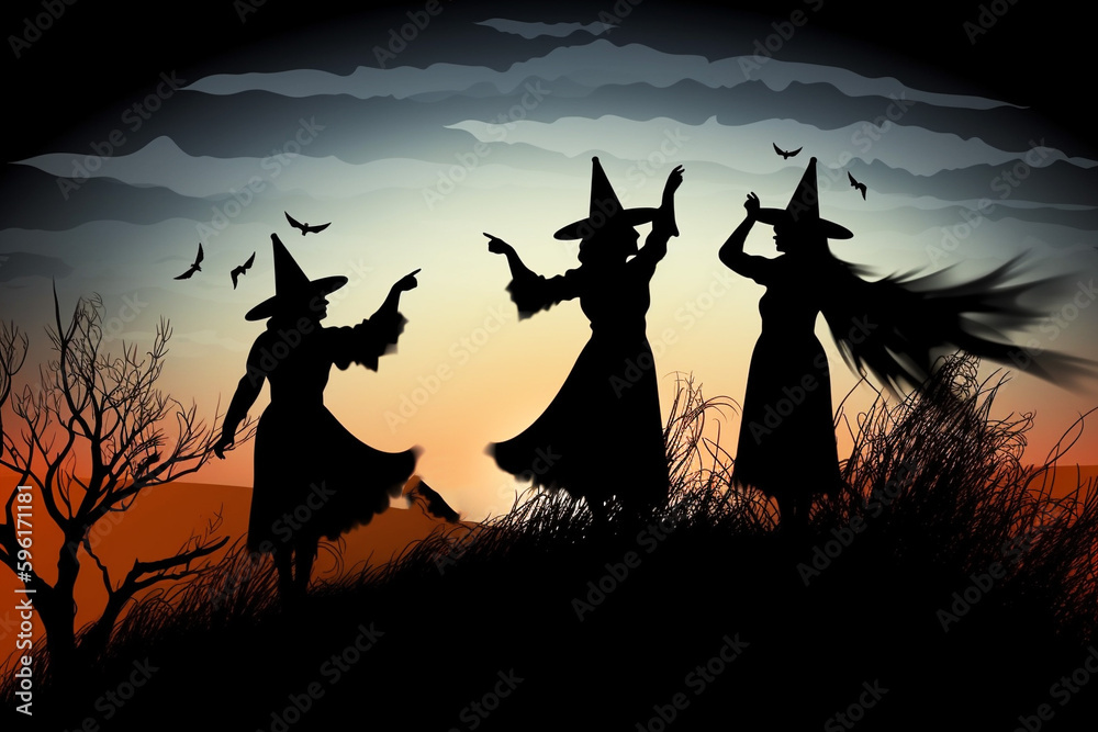 A group of witches as black silhouettes dance at night in the light of ...