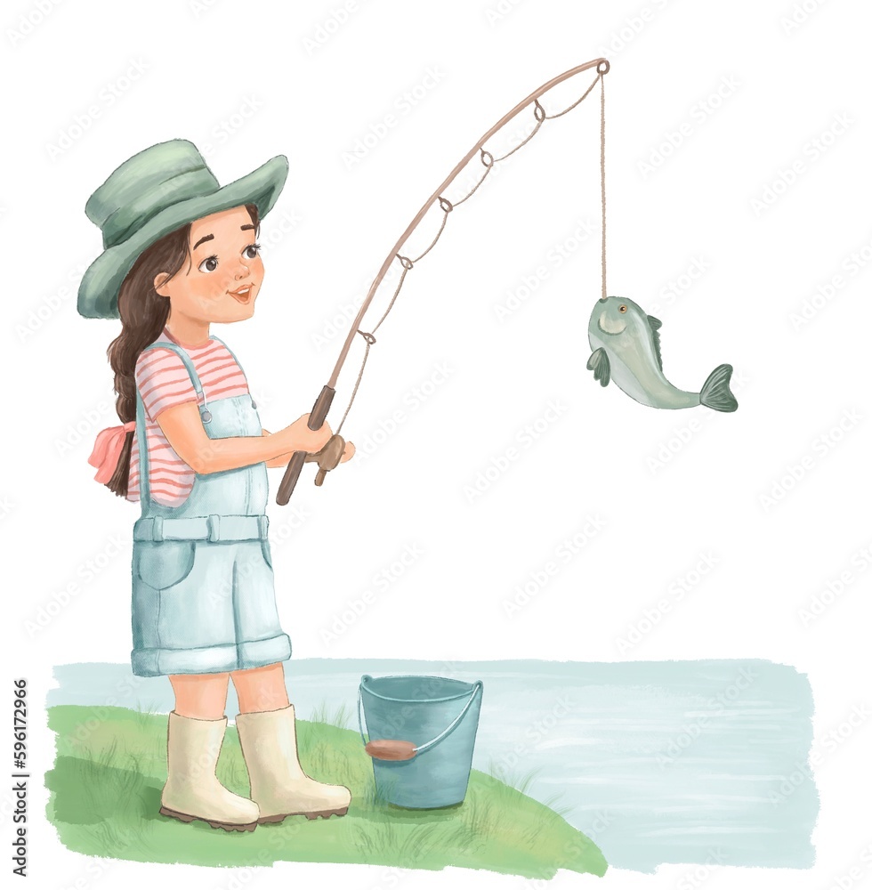 Little girl fishing. Full length of smiling girl holding fishing rod ...