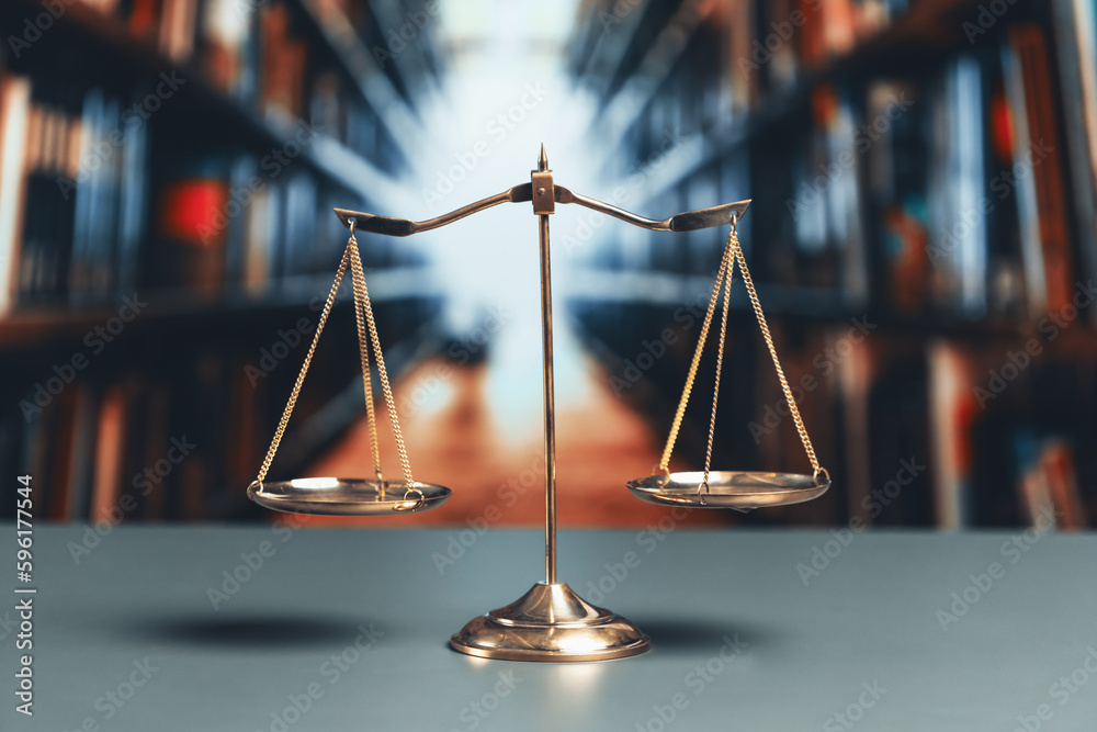 Shiny golden balanced scale in court library background as concept ...