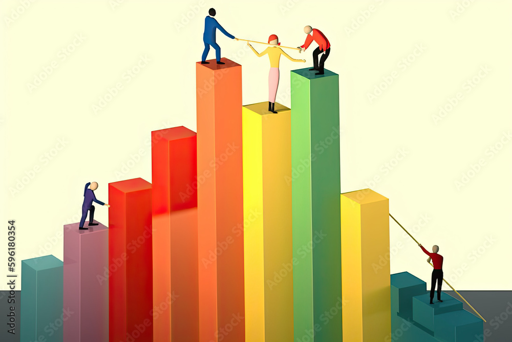 Business person going up and down stairs denoted as bar graphs ...